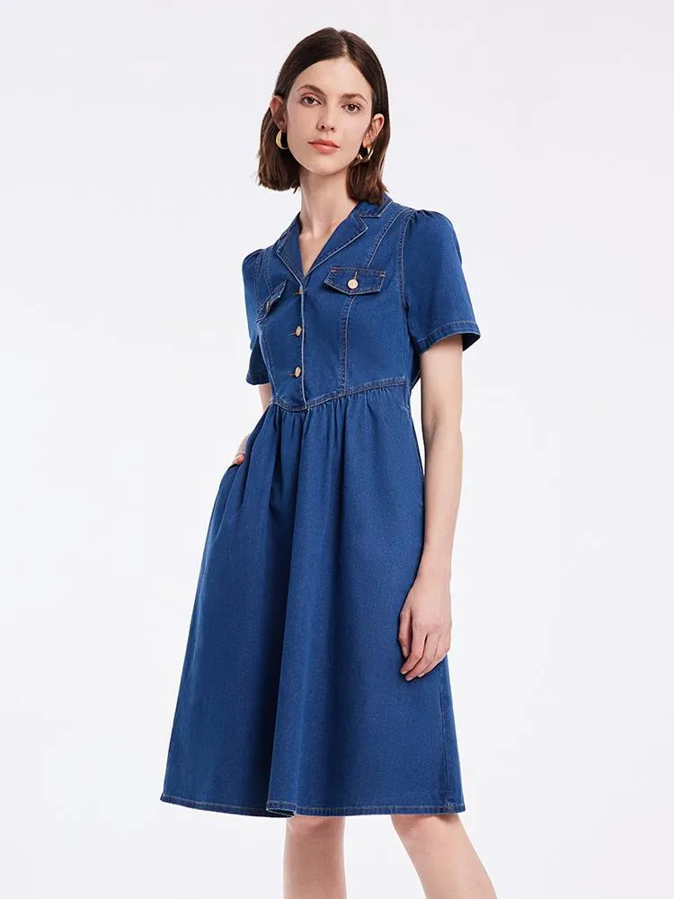 V-neck Gathered Waist Denim Midi Collared Dress - Goelia Singapore